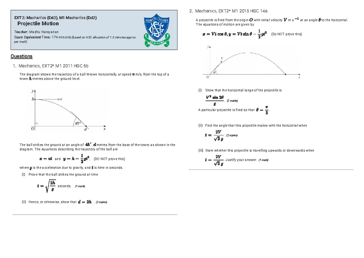 Projectile Motion Notes for Mechanics M1 2015 HSC Exam - Studocu