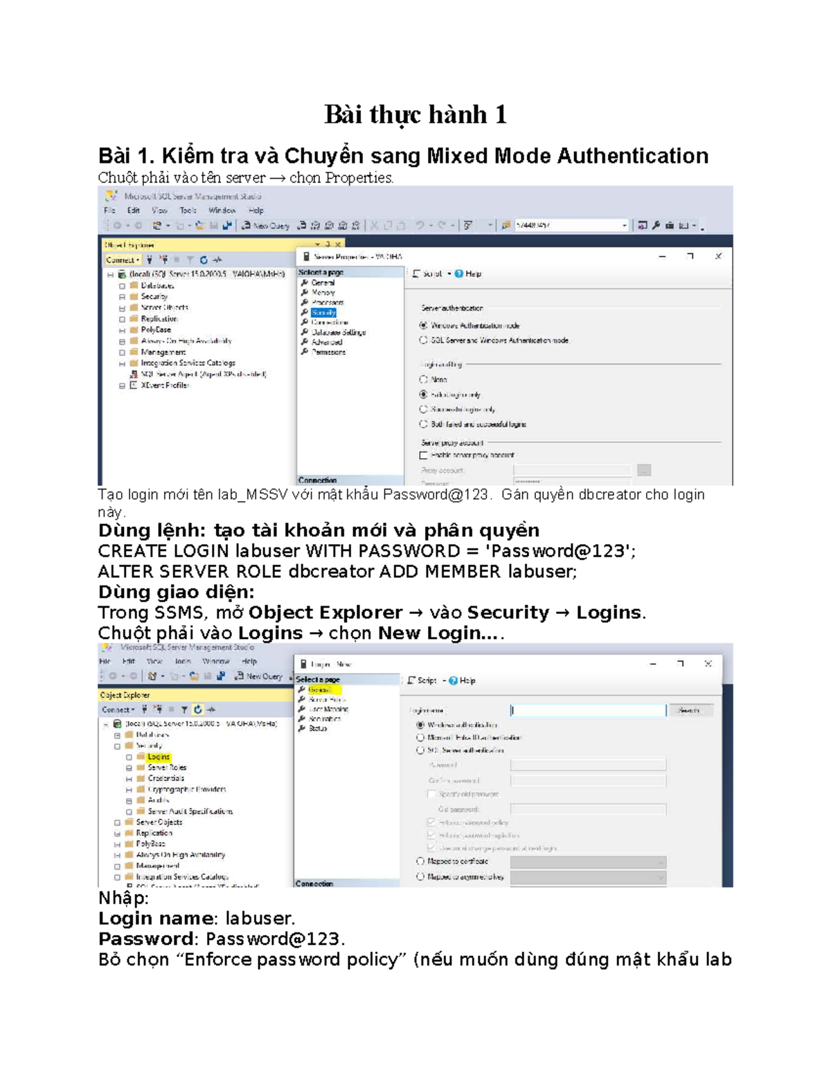 BTH1 - Hướng Dẫn Thực Hành Mixed Mode Authentication và Quản Lý SQL ...