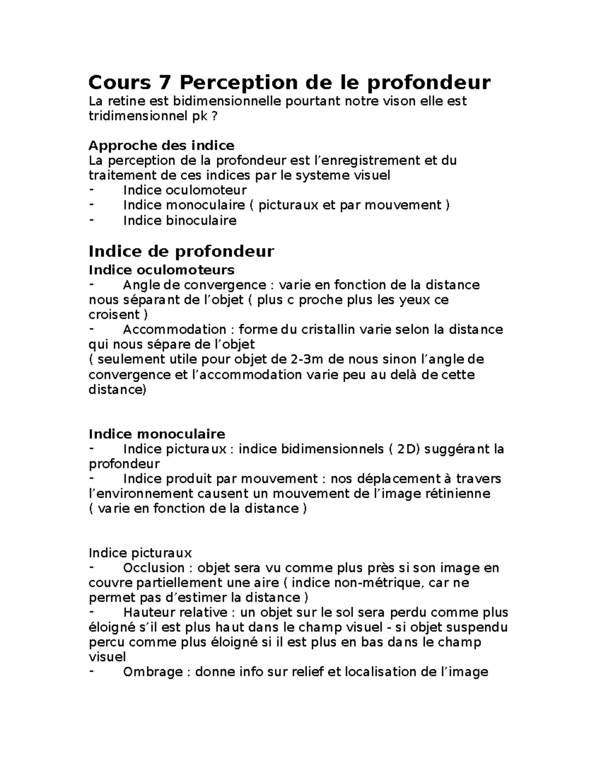 Cours 7 : Perception de la Profondeur et Indices Visuels - Studocu