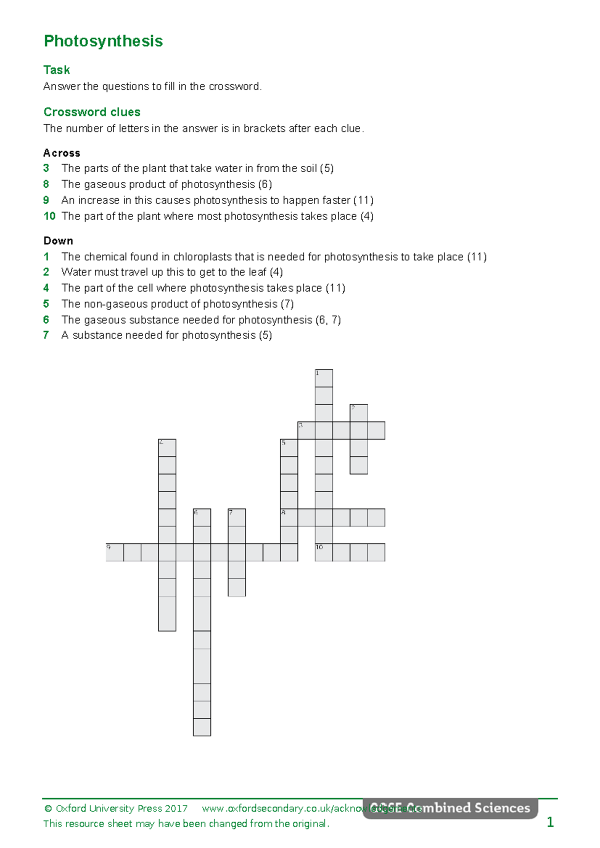 Photosynthesis Crossword Puzzle - Study Guide for Biology Class - Studocu