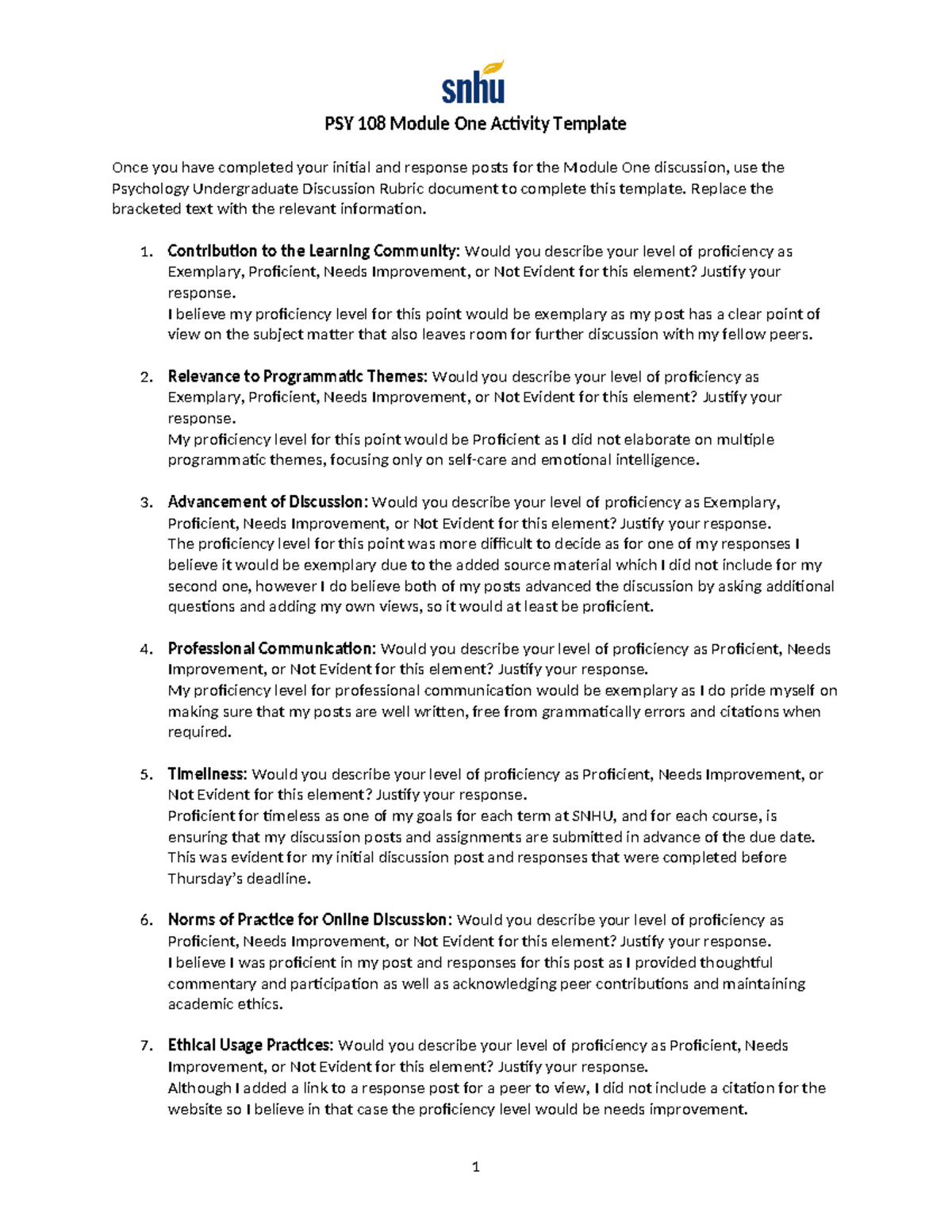 PSY 108 Module One Activity - Replace the bracketed text with the ...