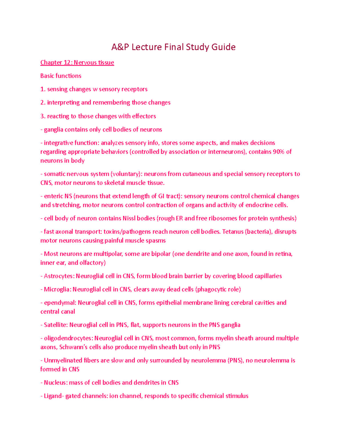 A&P Ch. 12 & 13 - Lecture Final Study Guide for Anatomy & Physiology I ...