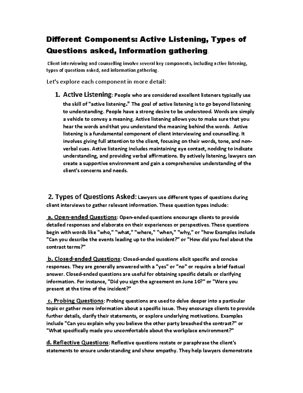 Client Interviewing Components: Active Listening & Question Types - Studocu