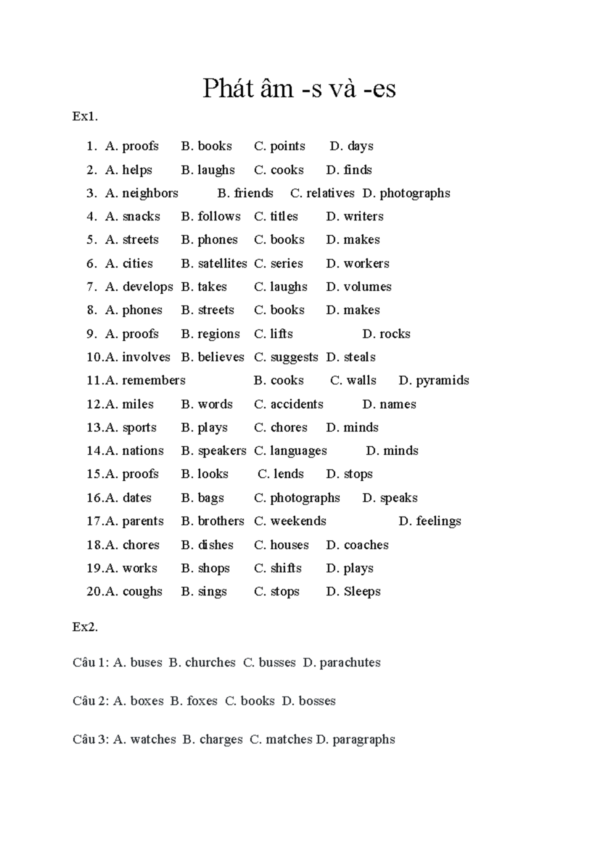 Phát âm -s và -es: Bài Tập và Ví Dụ (Ex1, Ex2, Ex3) - Studocu