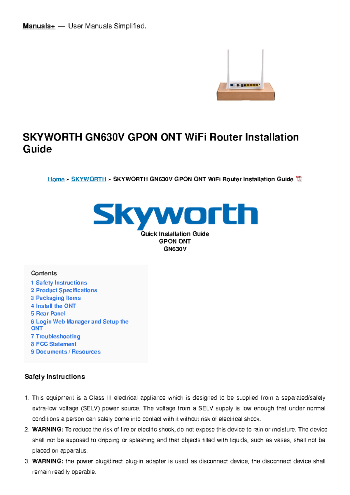 SKYWORTH GN630V GPON ONT WiFi Router Installation Manual - Studocu
