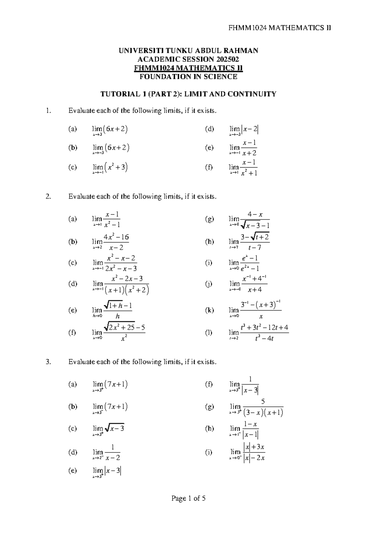 Tutorial 1 (Part 2) Question - UNIVERSITI TUNKU ABDUL RAHMAN ACADEMIC ...