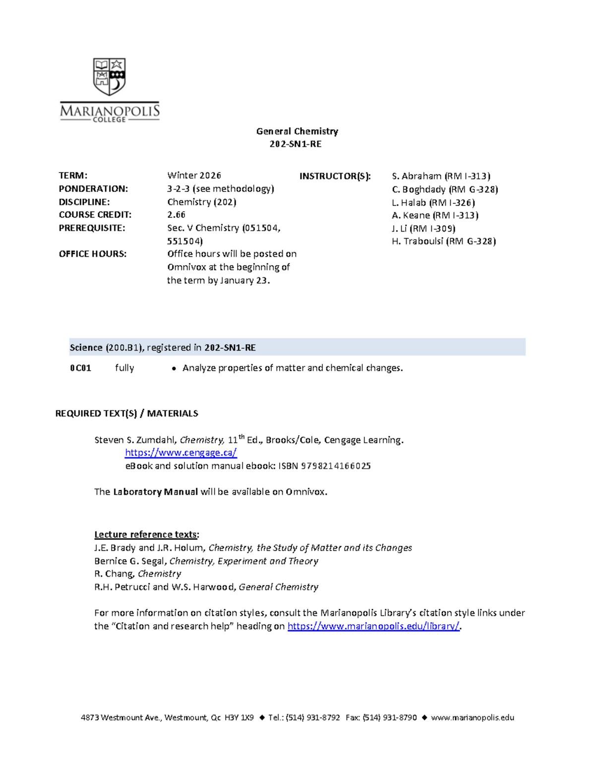 202-SN1-RE W26 General Chemistry 1 Course Outline and Evaluation Guide ...