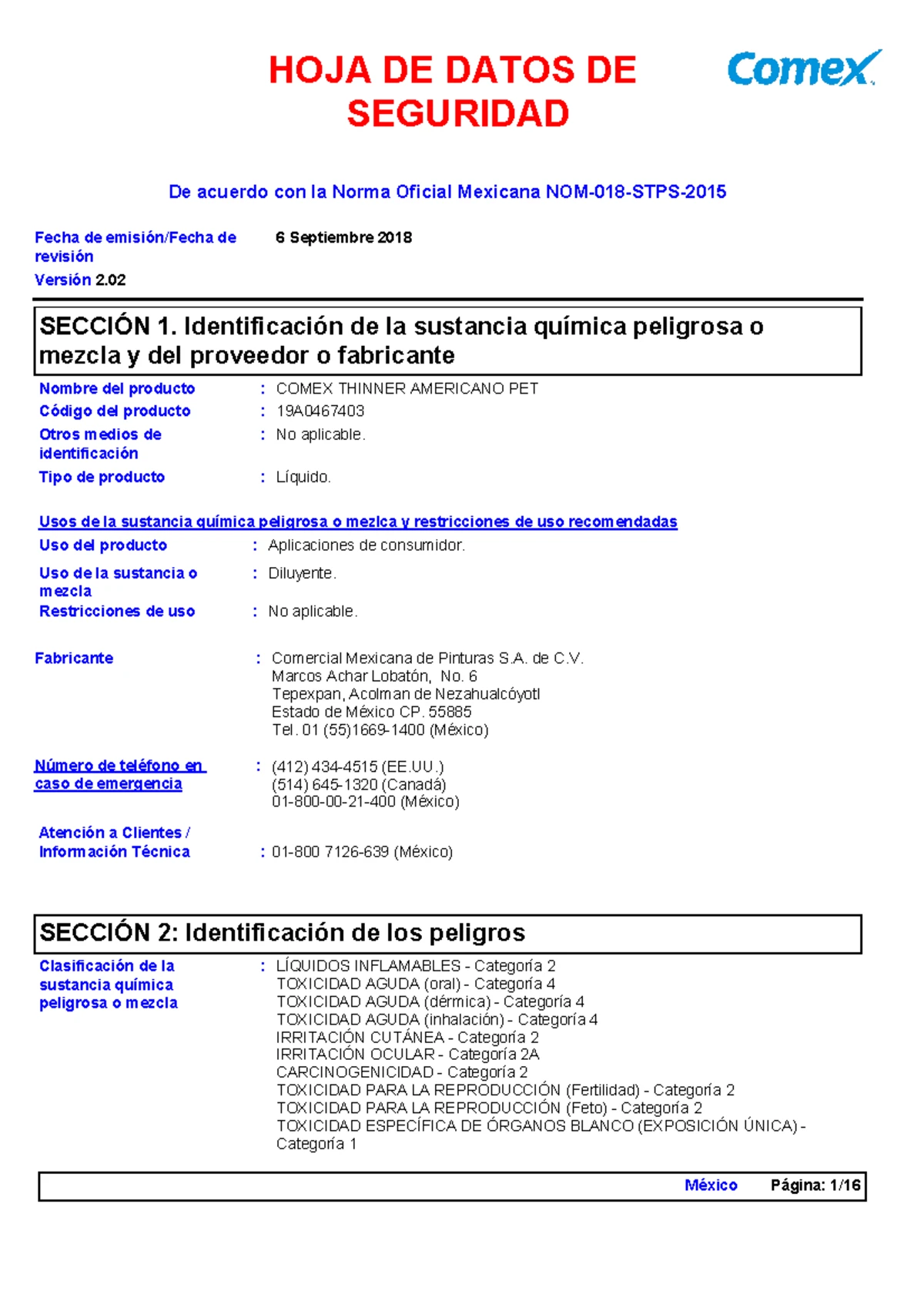 02. HDS- Thinner Estandar EPH Comex - COMEX THINNER ESTANDAR EPH No ...