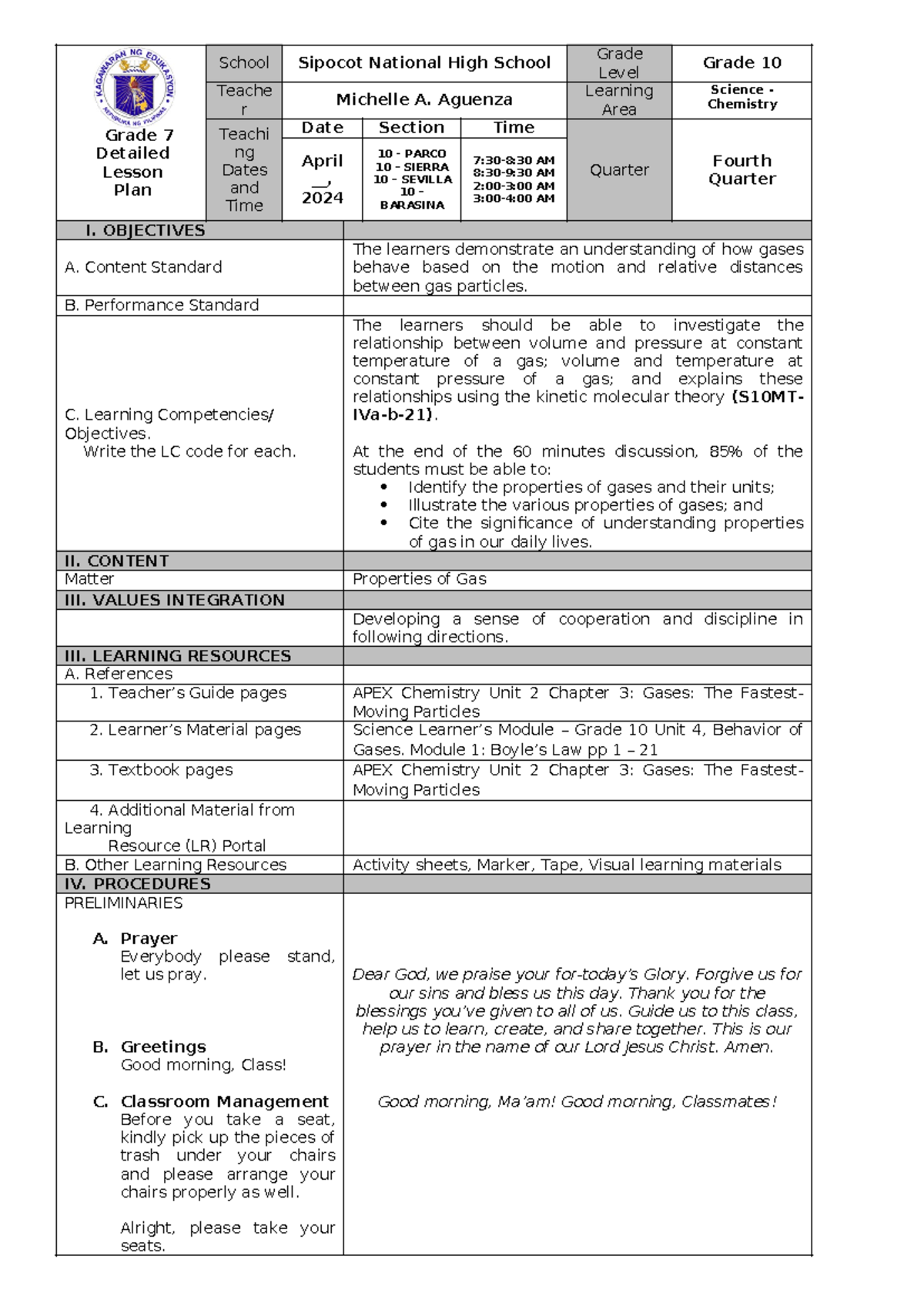 Properties of Gases: Lesson Plan for Grade 10 Science (Chemistry) - Studocu