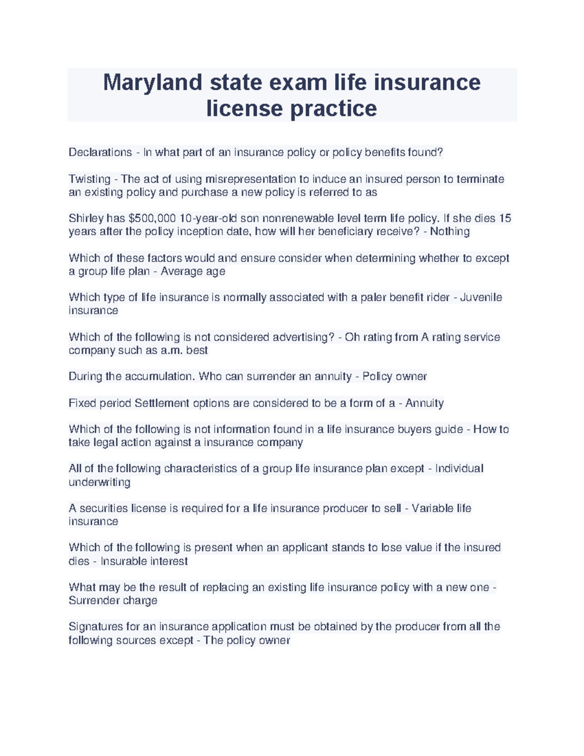 Maryland Life Insurance License Exam Practice Guide - Studocu