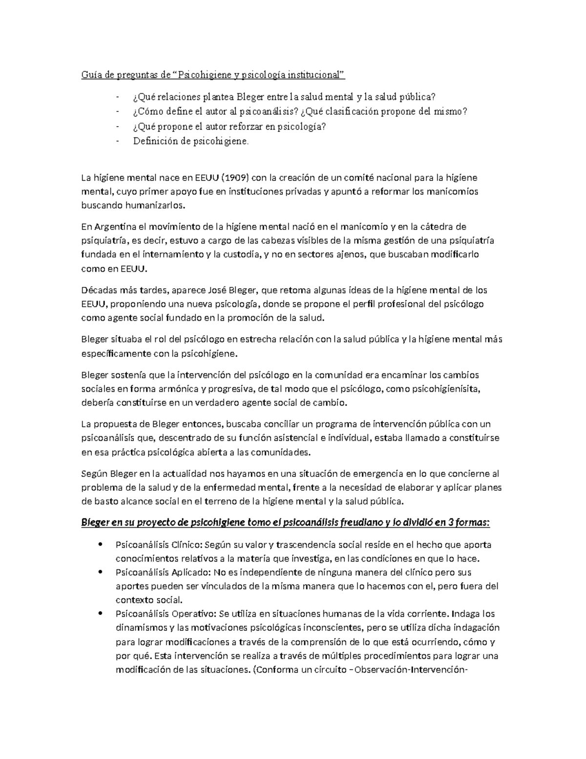 Resumido de Psicohigiene según Bleger - Claves y Propuestas - Studocu