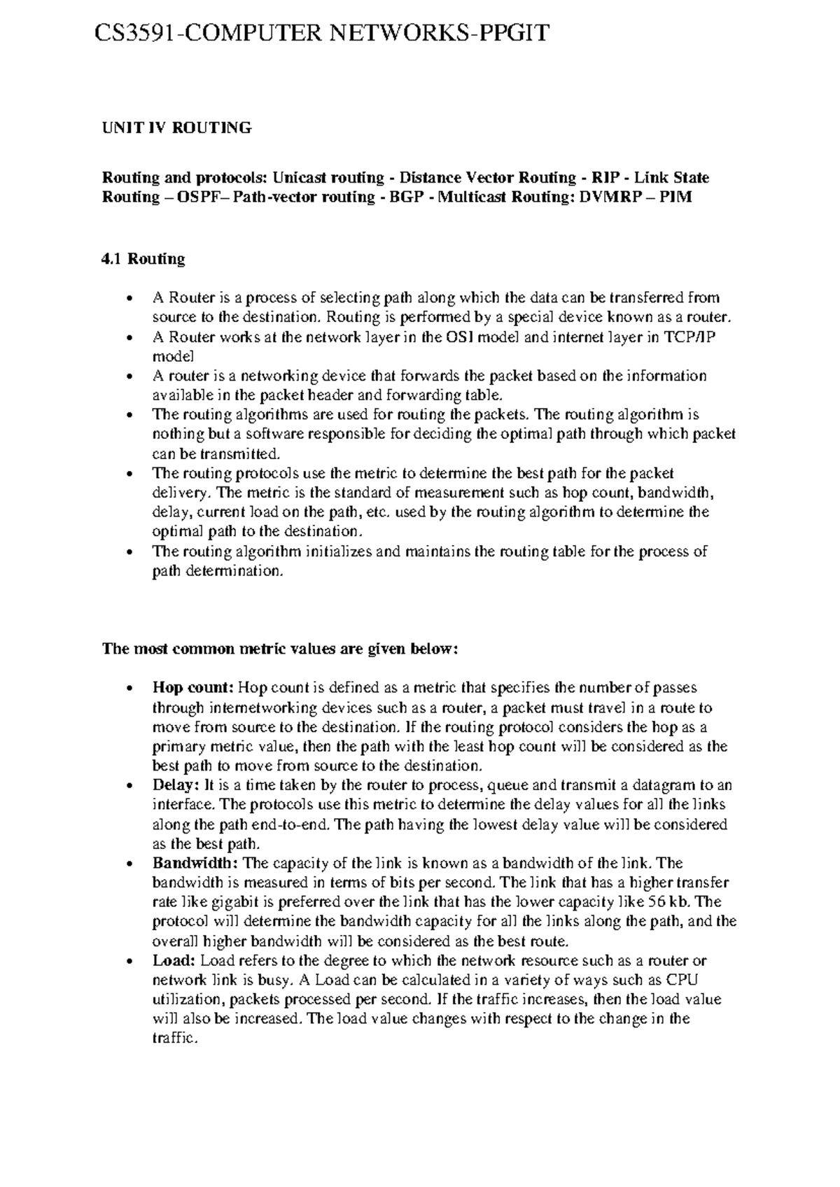 CS3591 CN UNIT 4 Routing Protocols and Algorithms Notes - Studocu