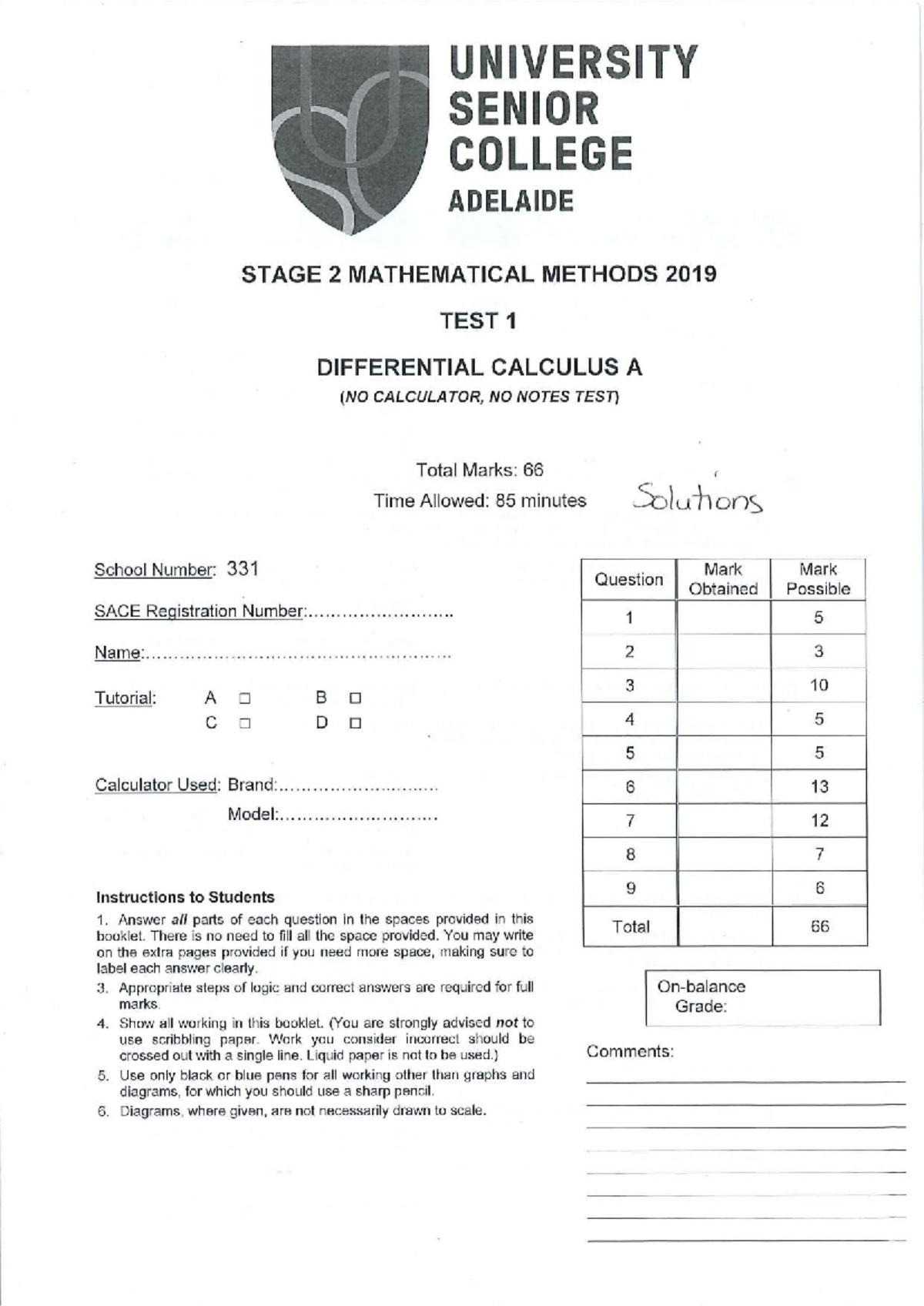Solutions for Stage 2 Mathematical Methods 2019 Test 1: Differential ...