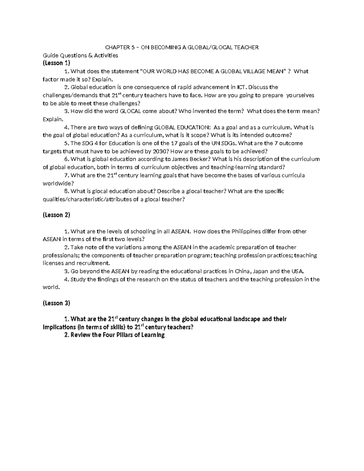 Chapter 5: Guide Questions & Activities on Global/Glocal Teaching - Studocu