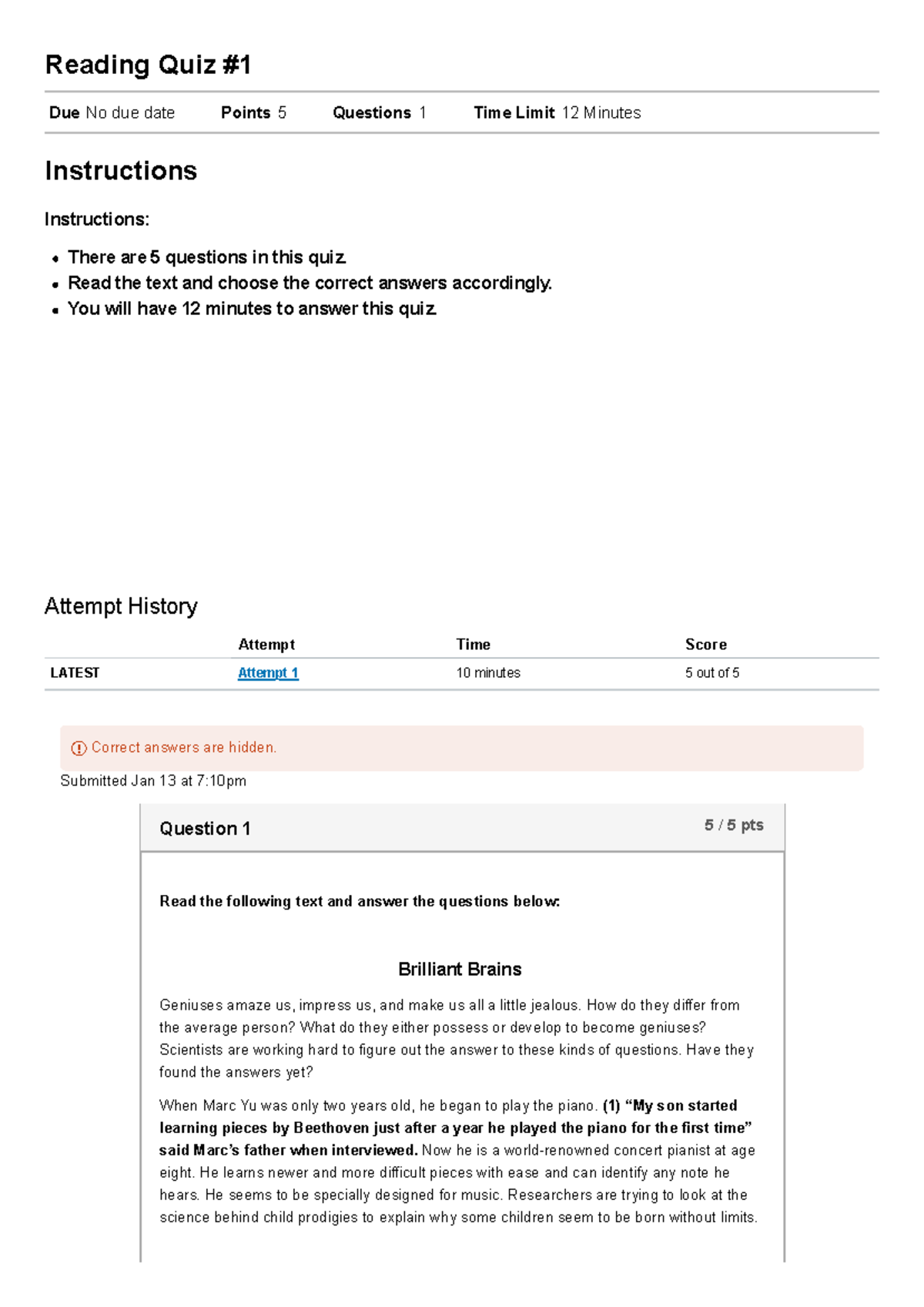 Reading Quiz 1 - Avanzado 10 - Reading Quiz Due No due date Points 5 ...