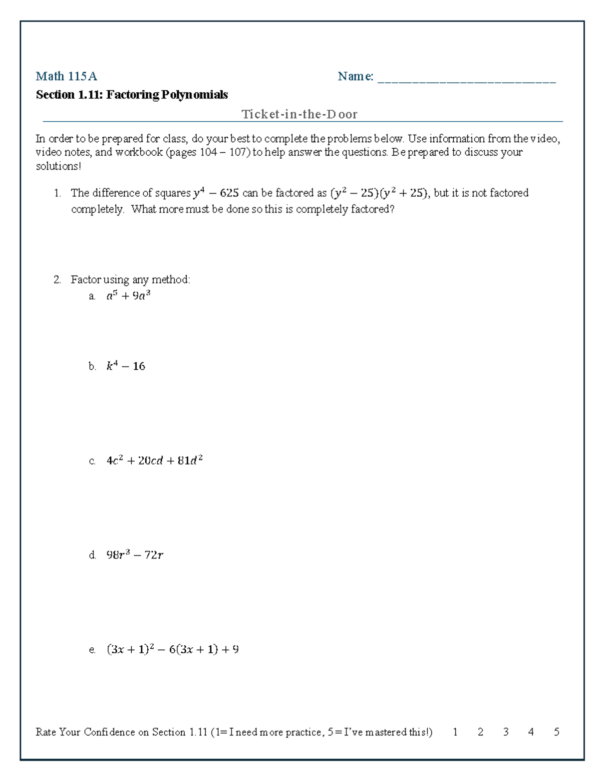 Math 115A Section 1.11: Factoring Polynomials Practice Guide - Studocu