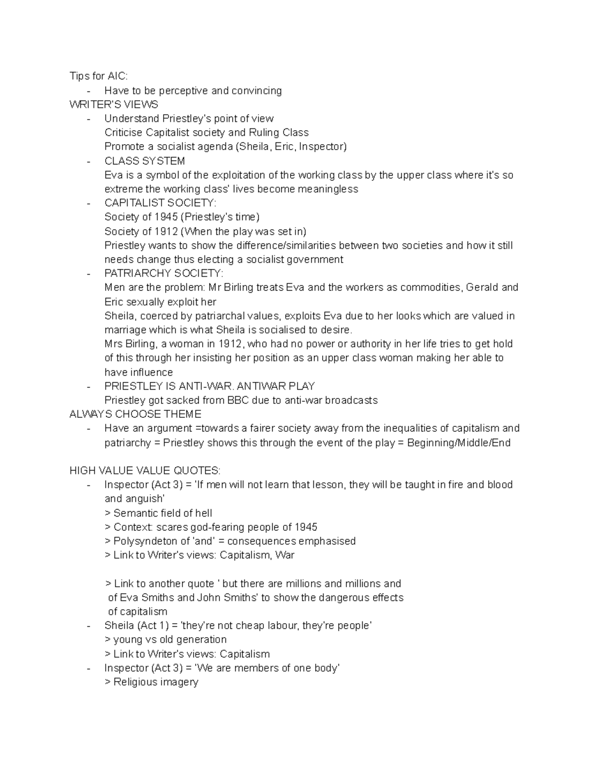 Tips for AIC - Summary An Inspector Calls and Other Plays - Tips for AIC: - Have to be ...