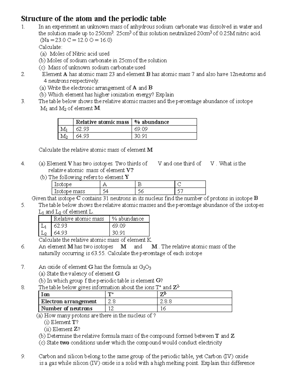 FORM-2- Structure of Atom & Periodic Table Qs - Teacher.co.ke - Studocu
