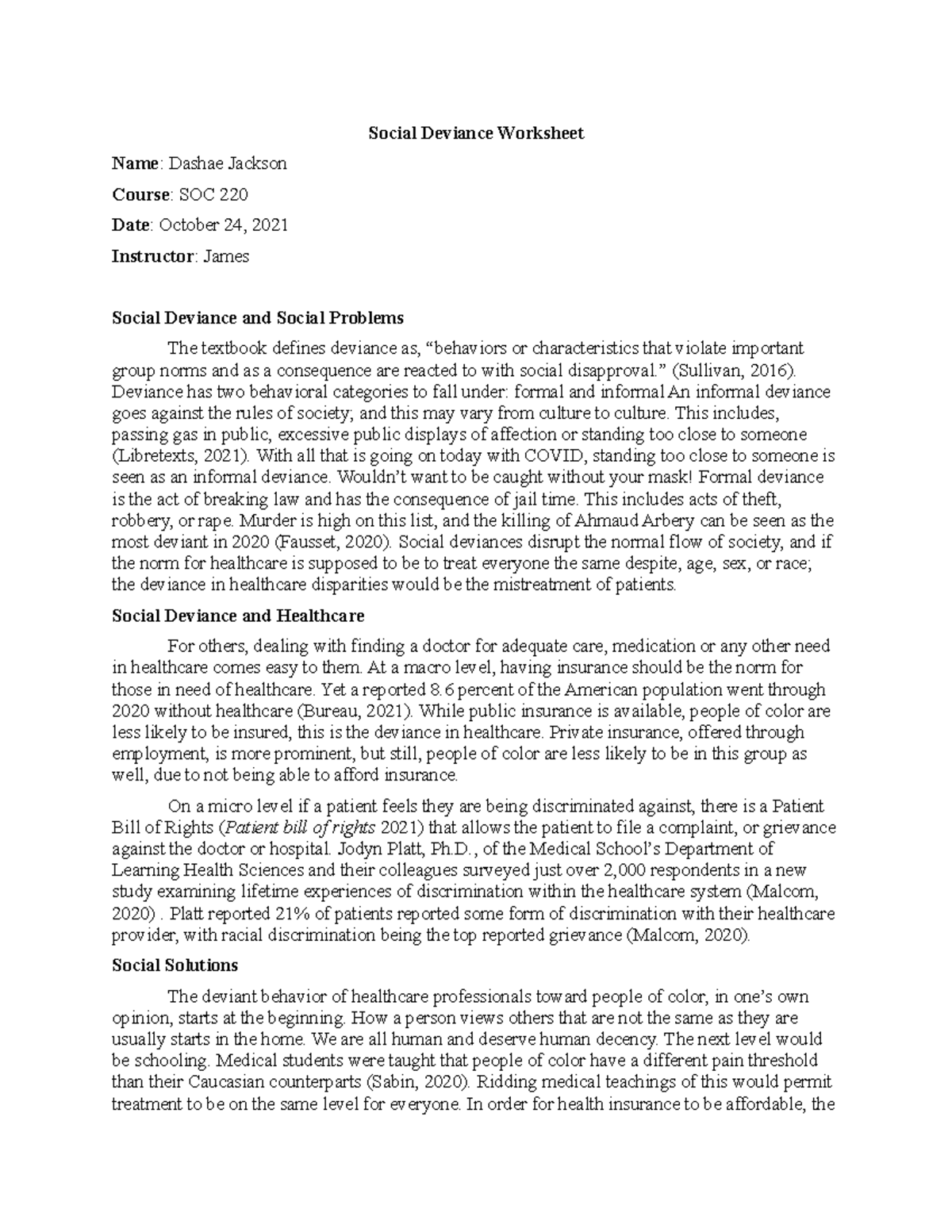Social Deviance Worksheet - ” (Sullivan, 2016). Deviance has two ...