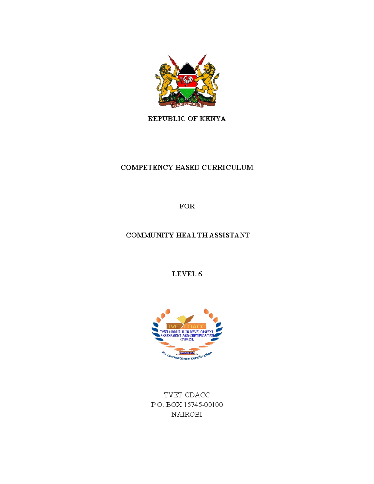 Community Health Assistant Level 6 Curriculum Overview and Objectives ...