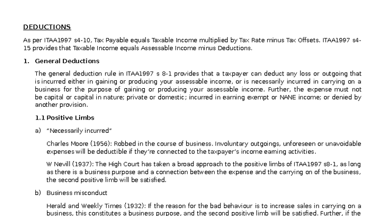 Deductions Notes for ITAA1997: Understanding Taxable Income and ...