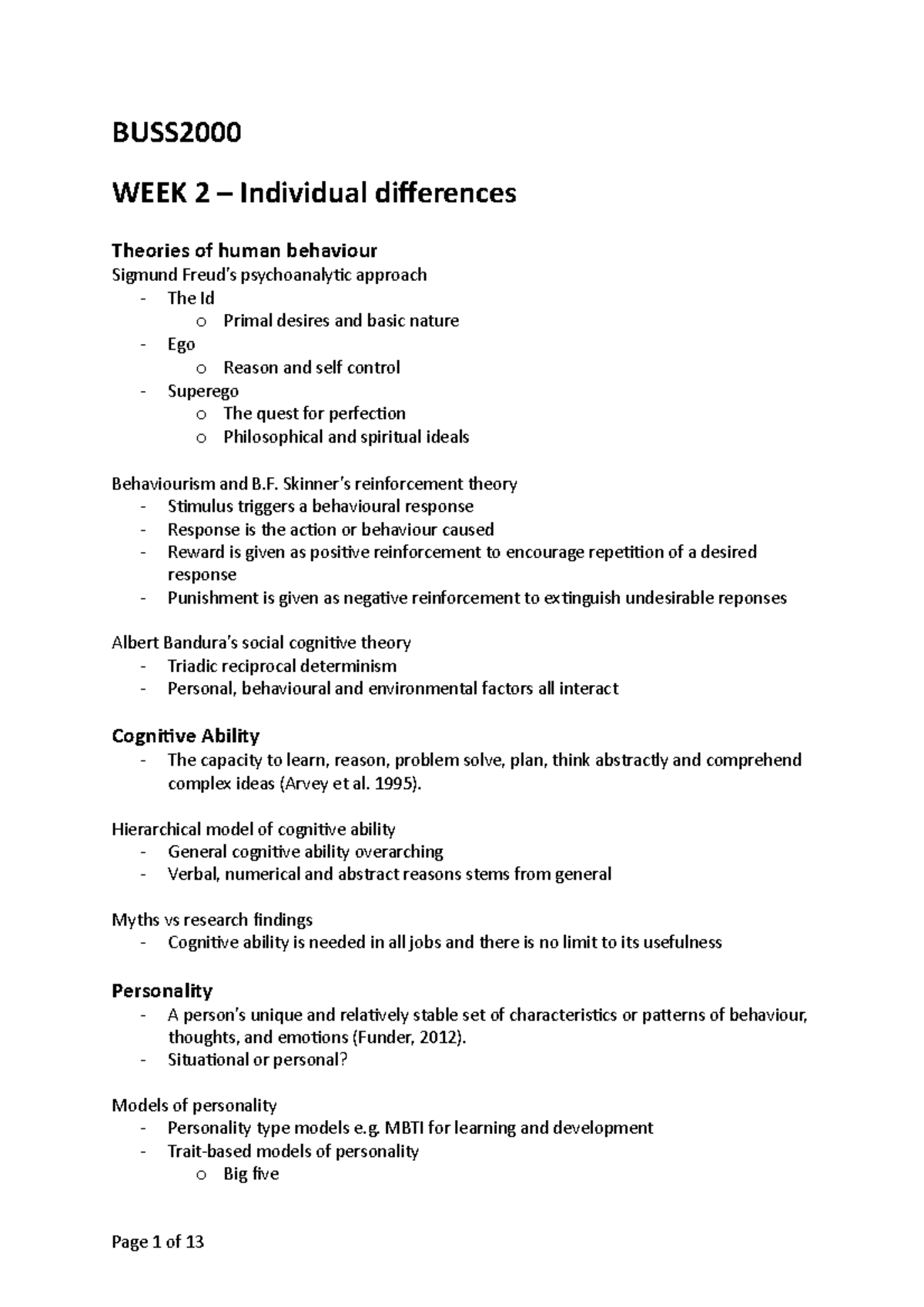 BUSS2000 Notes - BUSS WEEK 2 – Individual differences Theories of human ...