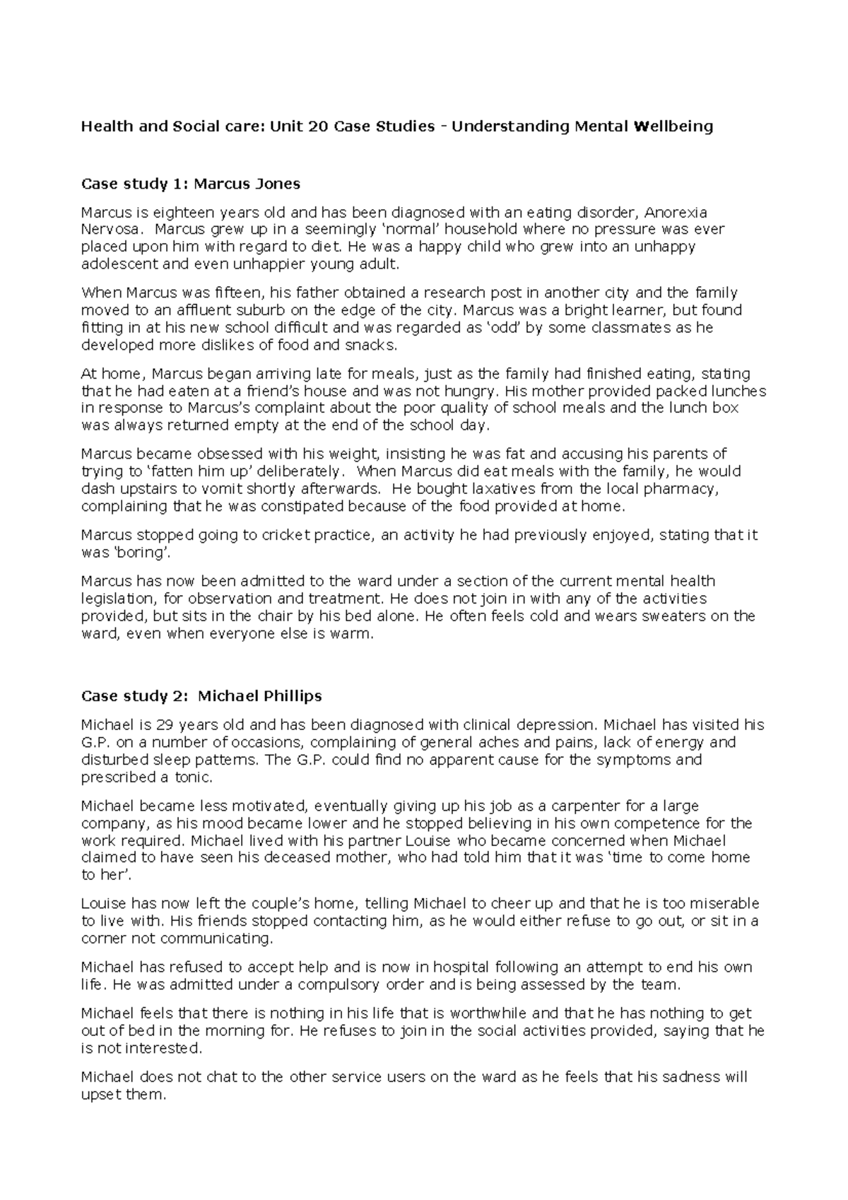 Unit 20 Case Studies: Mental Wellbeing Insights and Analysis - Studocu