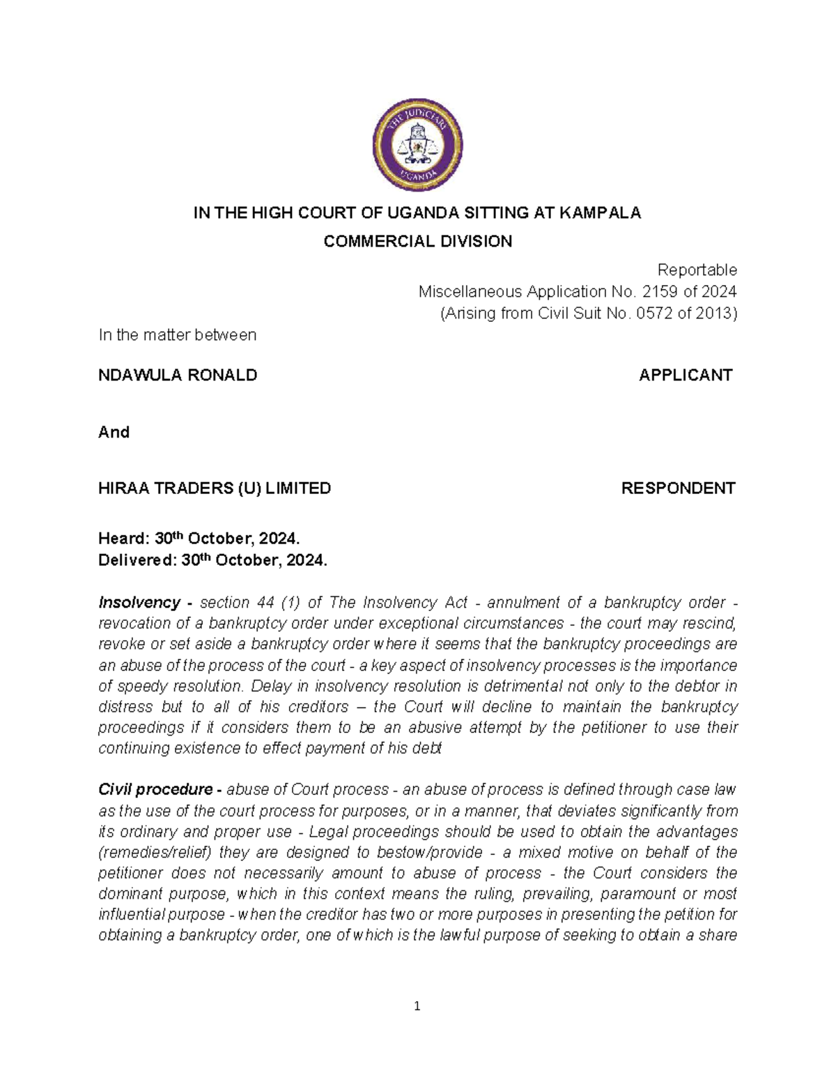 Ndawula v Hiraa Traders (U) Ltd: Bankruptcy Order Annulment Ruling ...