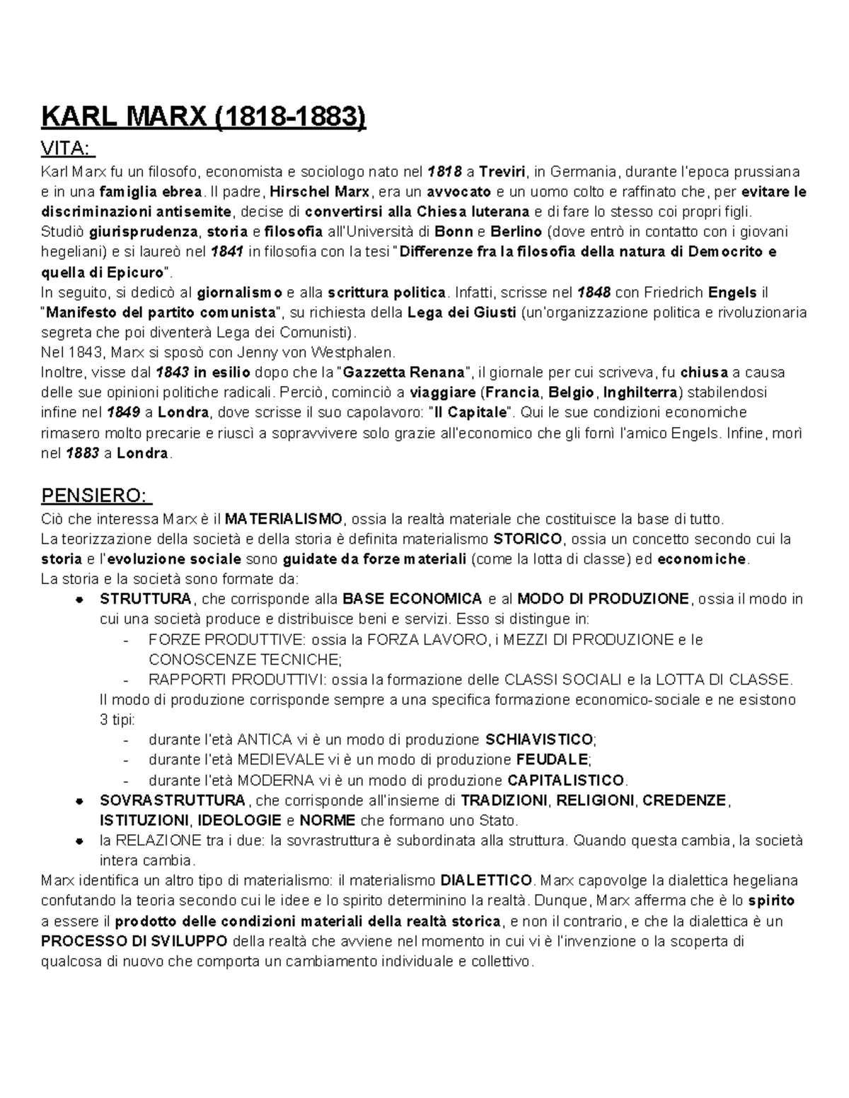 KARL MARX: Vita, Pensiero e Teorie Economiche (1818-1883) - Studocu