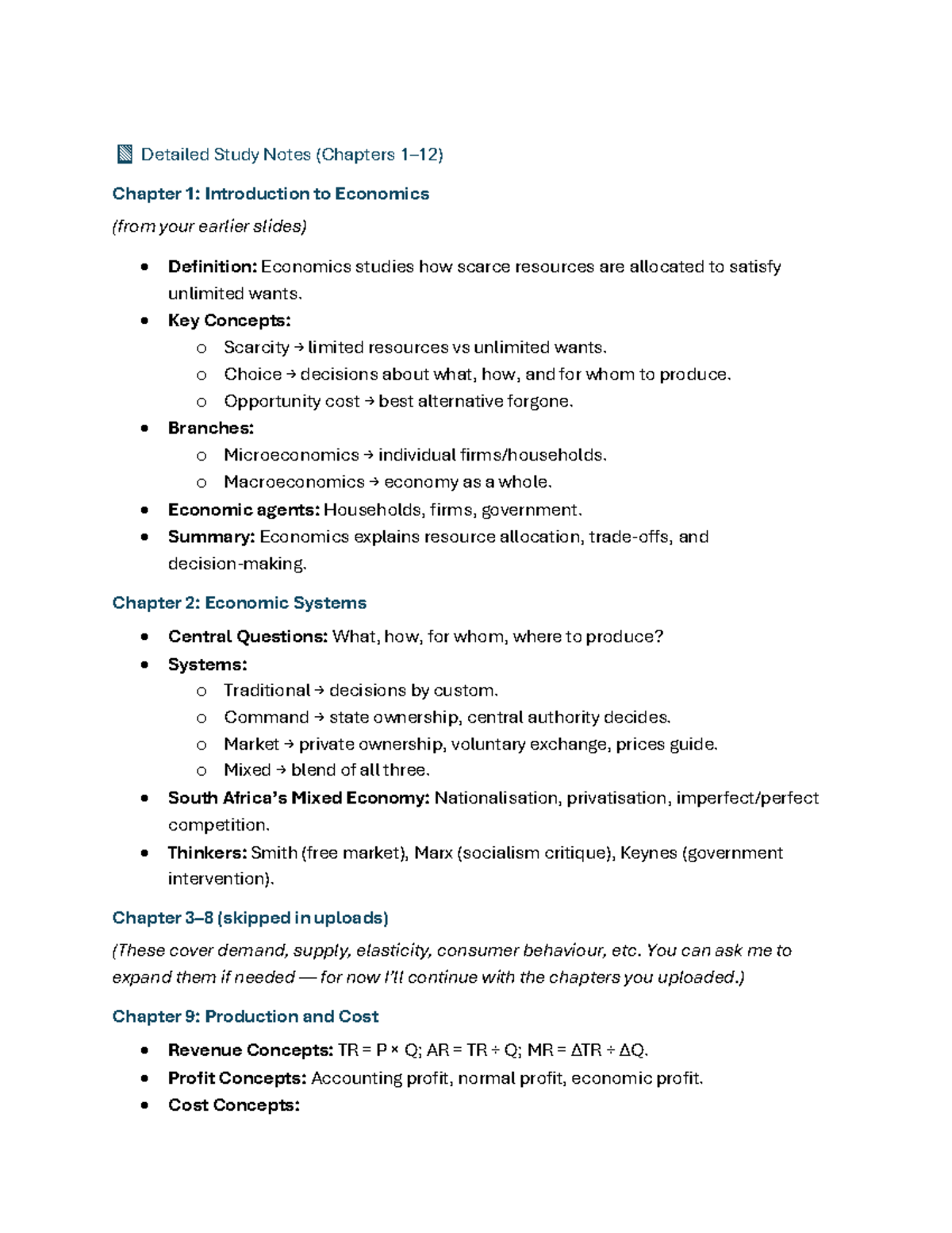 Detailed Study Notes on Economics (Chapters 1–12) - Studocu