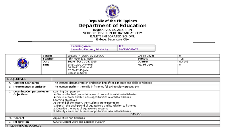TLE 2nd Quarter Lesson Plan: Aquaculture & Fisheries Overview - Studocu