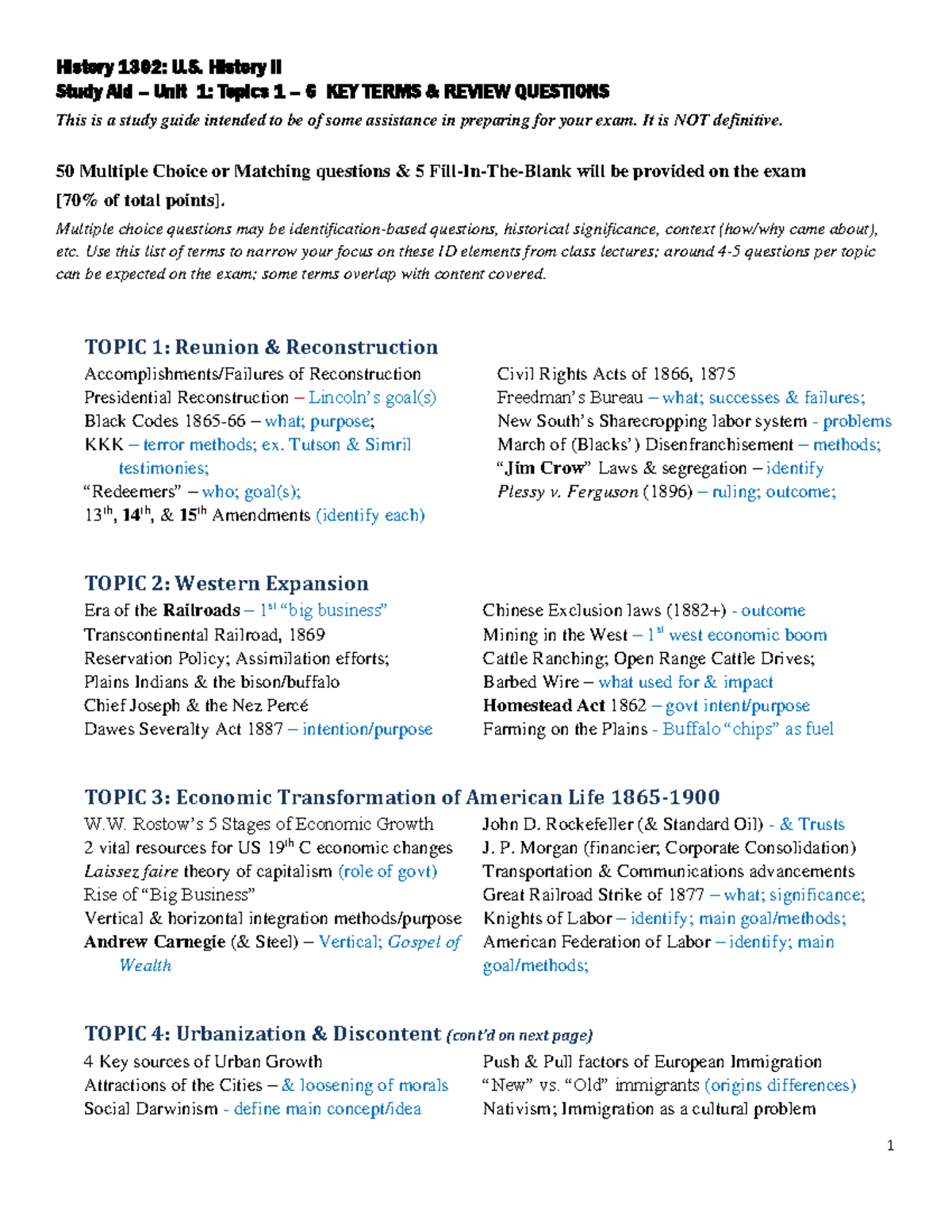 History 1302: U.S. History II - Study Aid for Unit 1 Exam Review - 1 ...