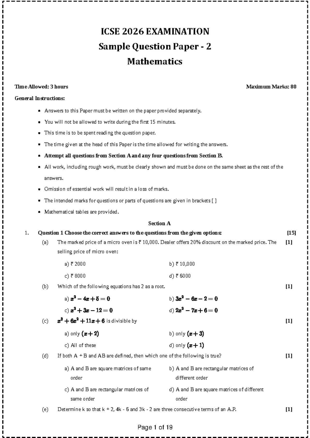 ICSE 2026 EXAMINATION Sample Question Paper 2 - Mathematics Notes - Studocu