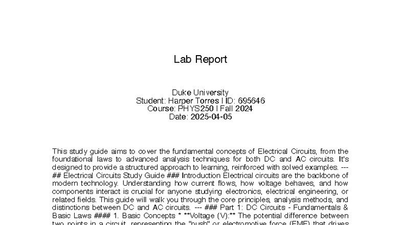 PHYS250 Fall 2024 Electrical Circuits Study Guide - Studocu