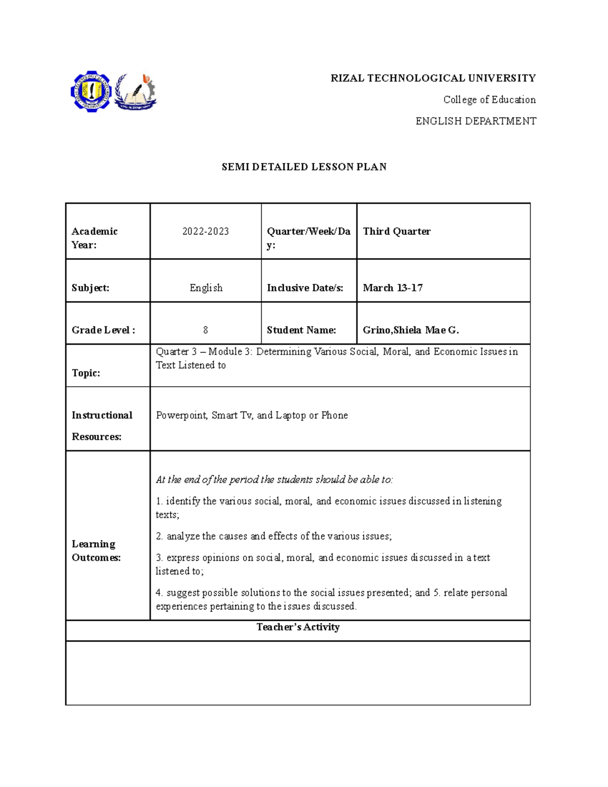 Module 3 - LP GRADE8 ENGLISH - RIZAL TECHNOLOGICAL UNIVERSITY College of Education ENGLISH - Studocu