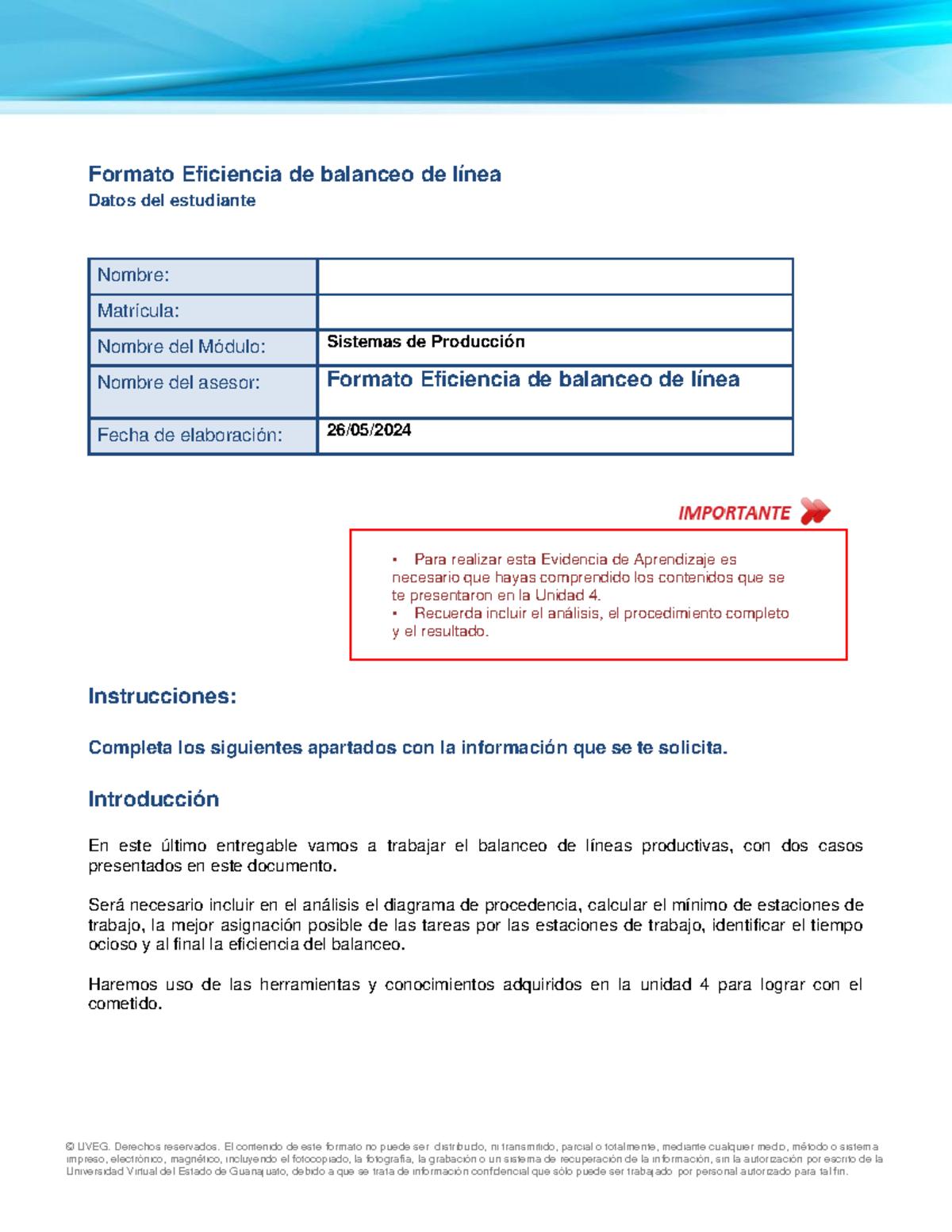 Formato de Eficiencia de Balanceo de Línea - Módulo Sistemas de ...
