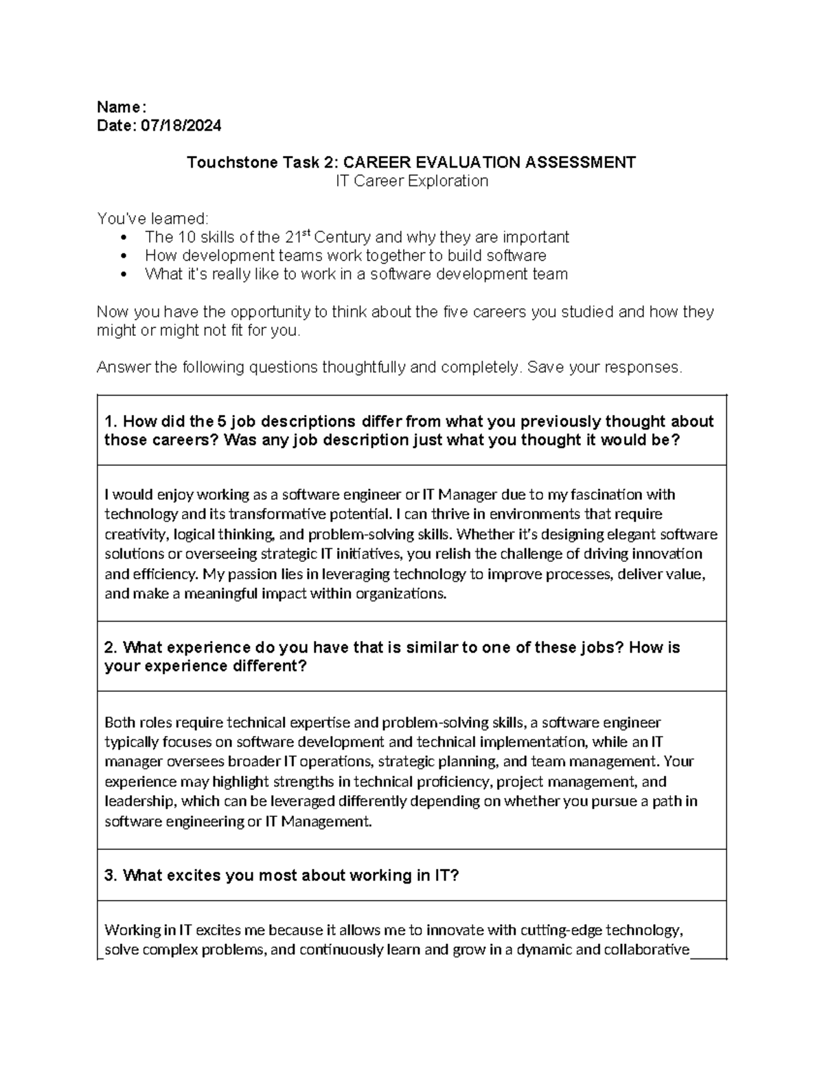 IT Career Evaluation Assessment: Exploring Future Paths - Studocu