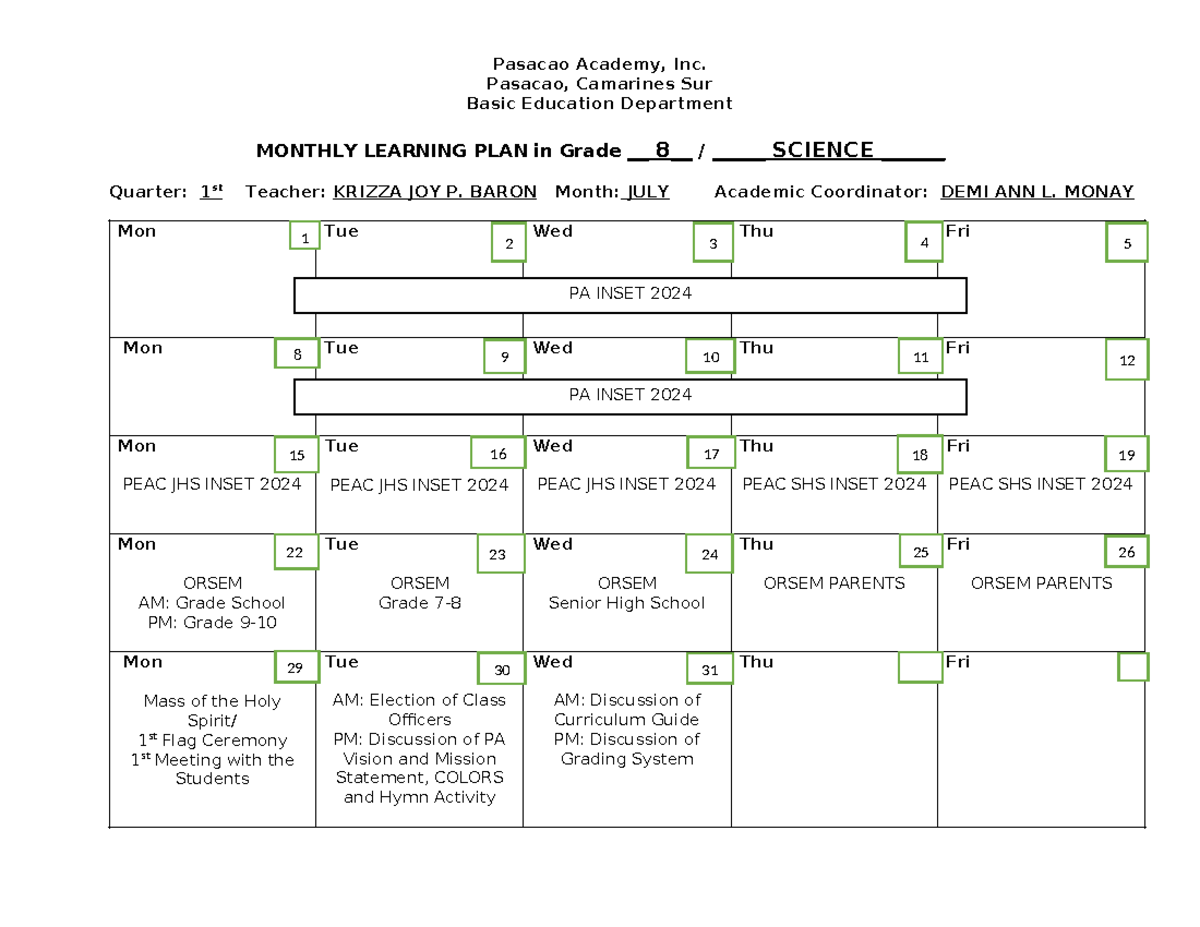Monthly Learning Plan for Grade 7 Science (SY 2024-25) - Studocu