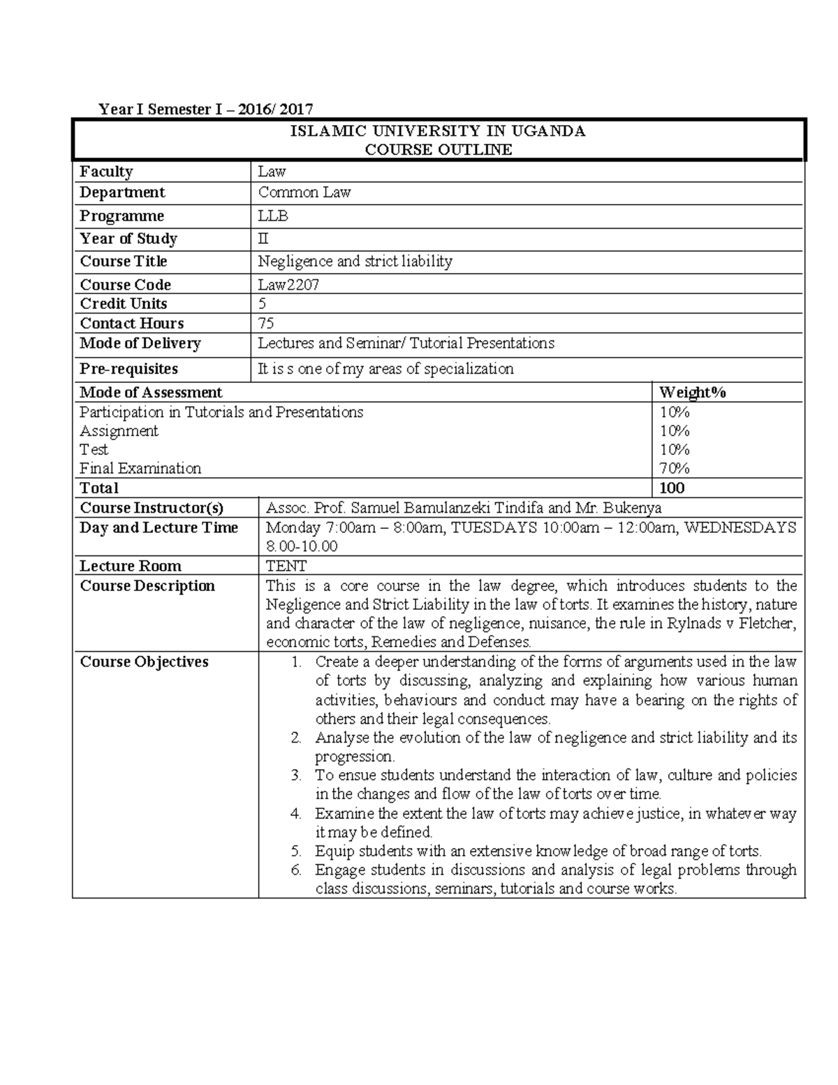 Course Outline: Law of Torts (Law2207) - Negligence & Strict Liability ...