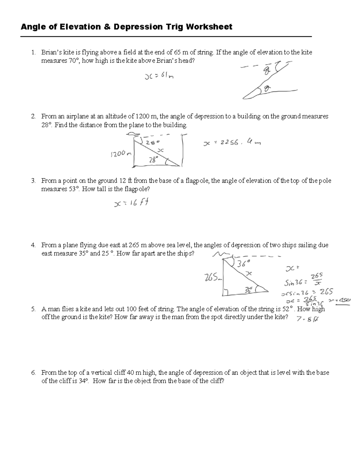 13 Elevation Depression Practice - Angle of Elevation & Depression Trig ...