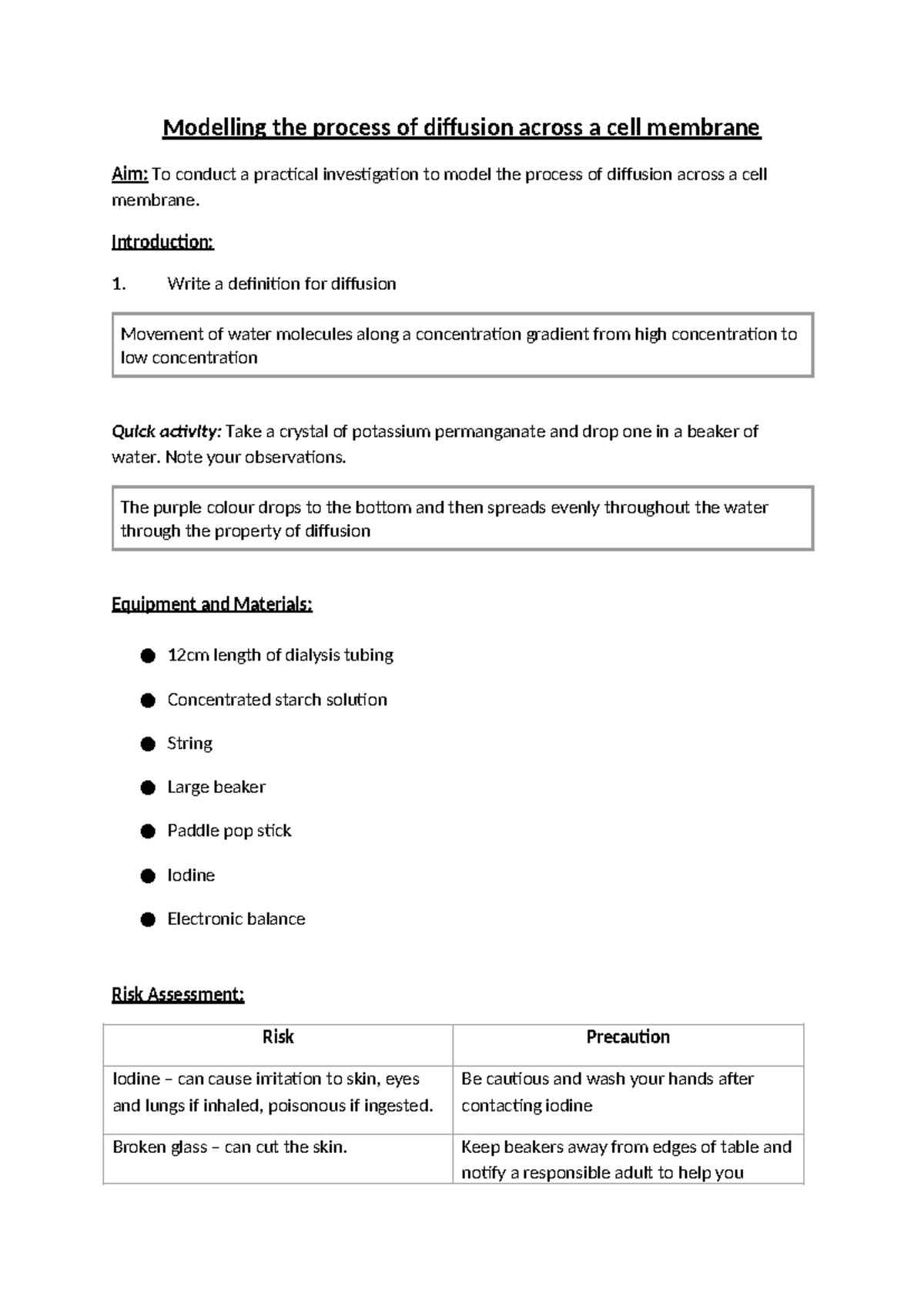1.1 Diffusion practical - Modelling the process of diffusion across a ...