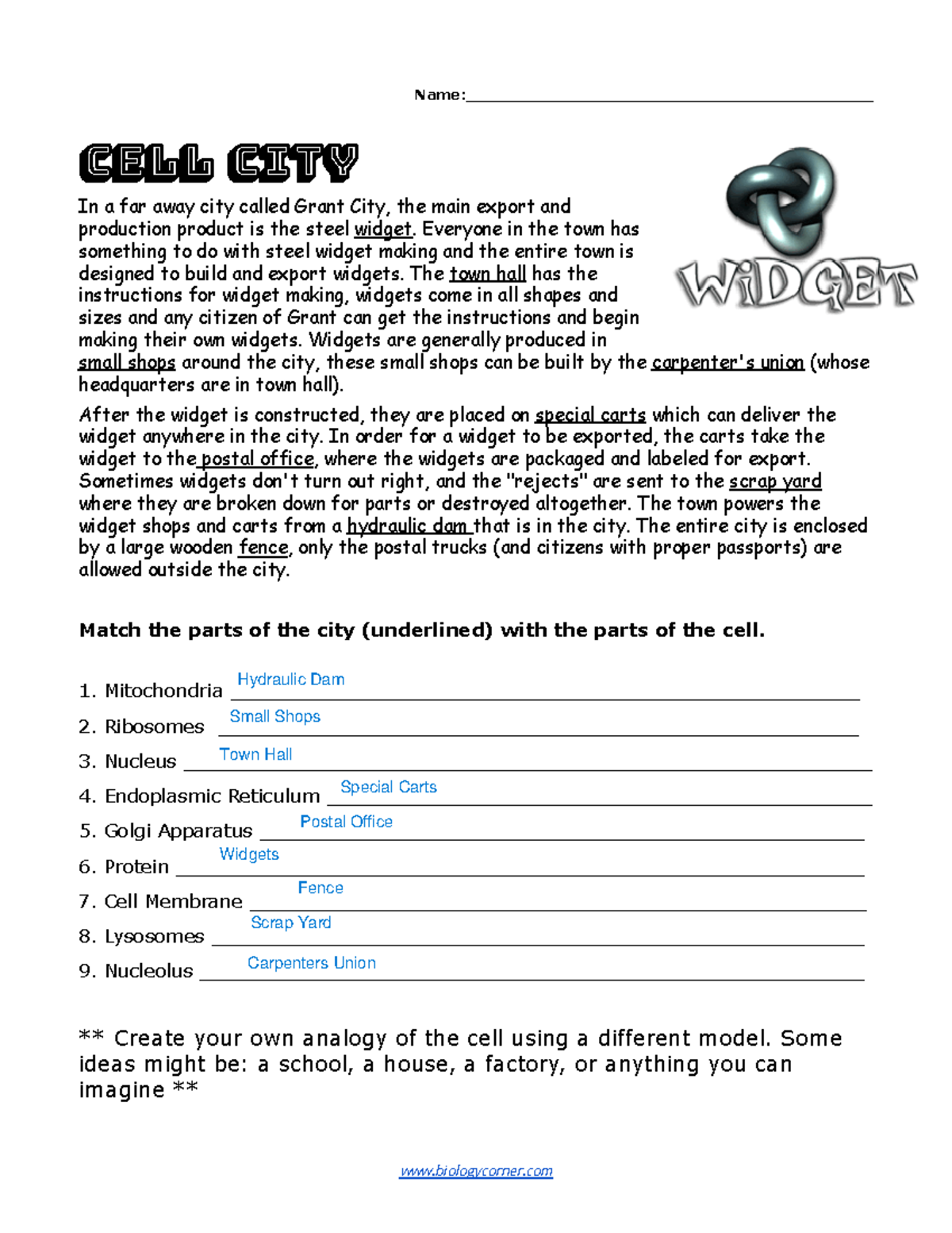 Biology 101: Cell City Analogy and Models Exercise - Studocu