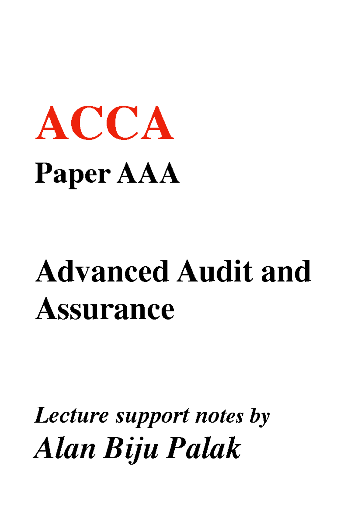ACCA Paper Advanced Audit and Assurance Lecture Support Notes - Studocu
