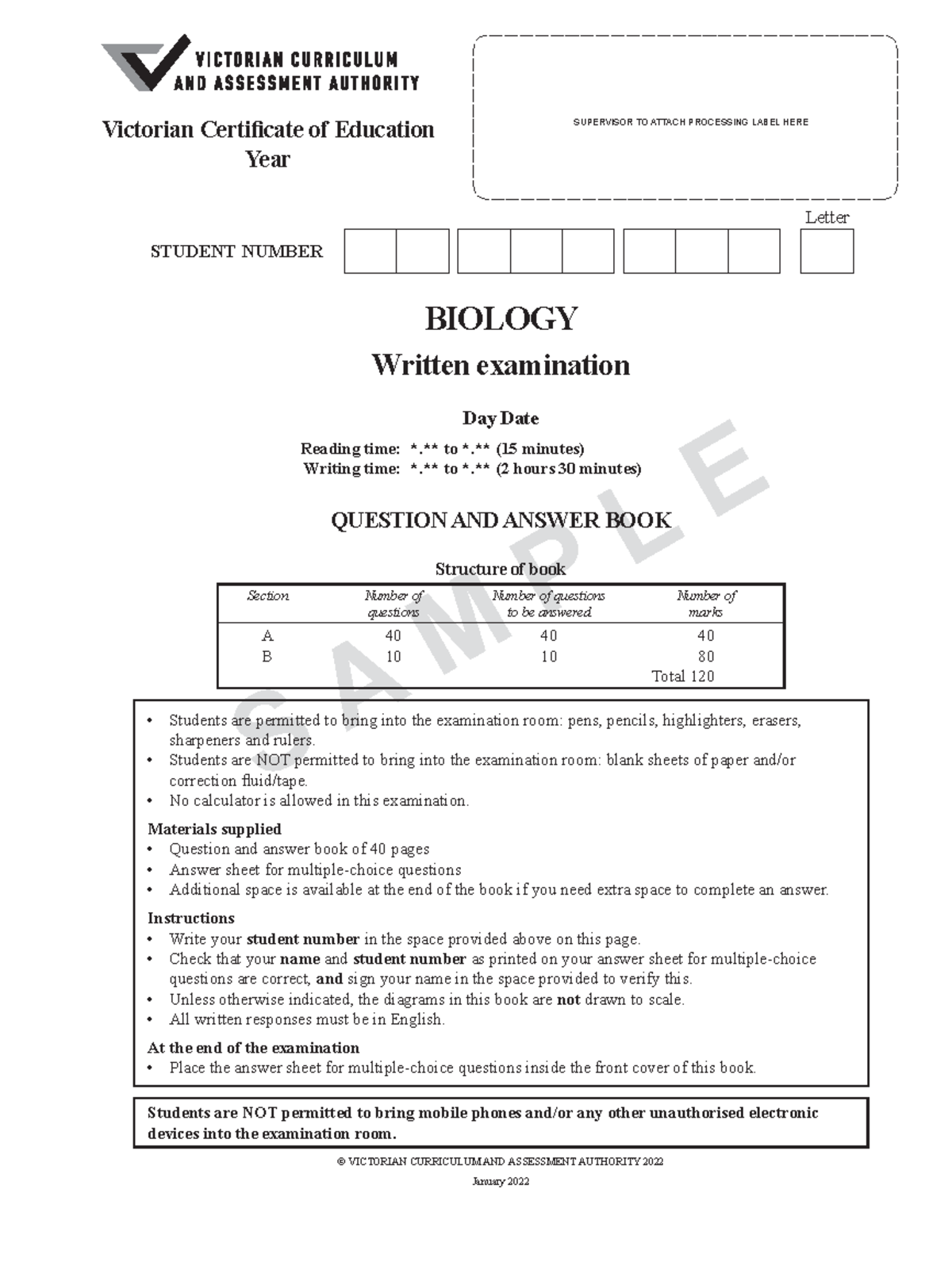 VCAA Biology 2022 Sample Exam Paper with Questions and Answers - Studocu
