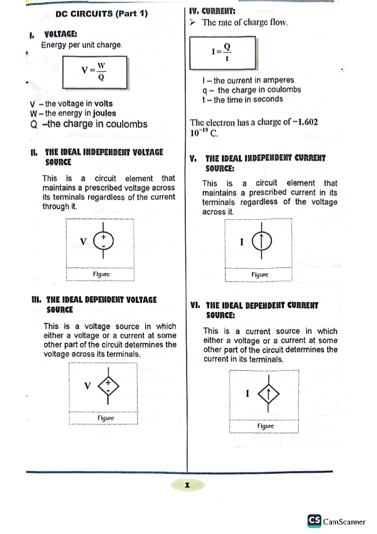 DC CIRCUITS (Part 1 & 2) Lecture Notes: Current, Voltage, and Power ...