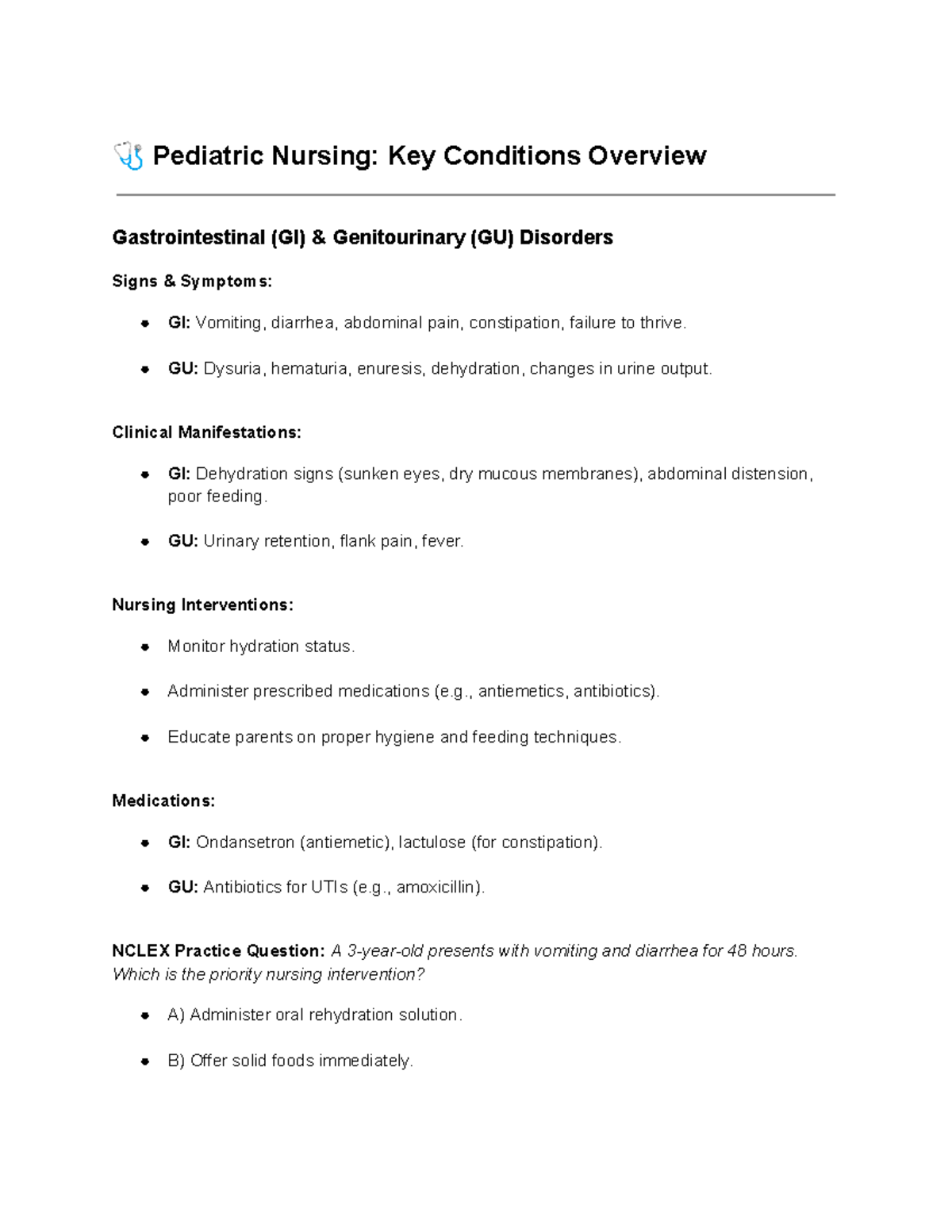 Pediatric Nursing: Overview of Key GI, GU, Oncology, Neuro Disorders ...