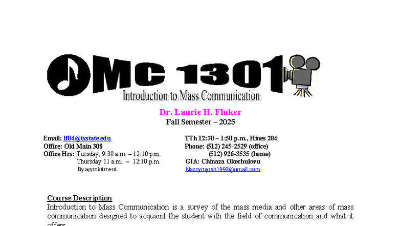 MC 1301.004 Fall 2025 Syllabus: Introduction to Mass Communication ...