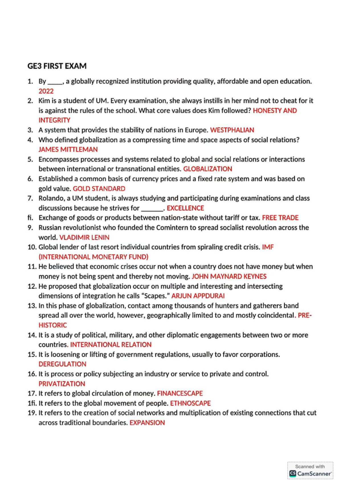 GE3 FIRST EXAM: Key Concepts in Globalization and International ...