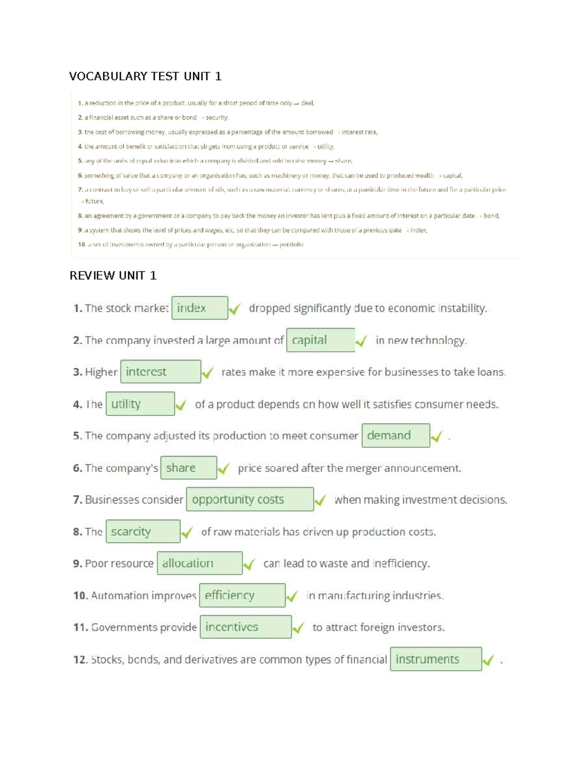 VOCABULARY TEST UNIT 1 - ECONOMICS 101 - Studocu