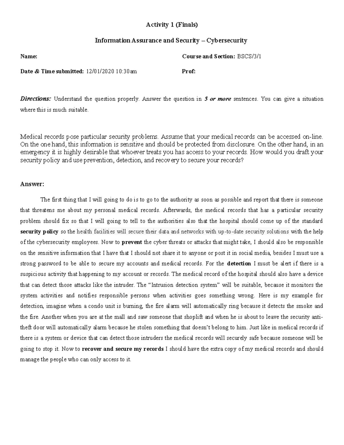 Activity 1 - Information Assurance and Security – Cybersecurity - BS in ...
